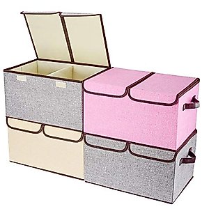 senbowe Larger Storage Cubes [4-Pack] Linen Fabric Foldable Collapsible Storage Cube Bin Organizer Basket with Lid, Handles, Removable Divider For Home, Nursery, Closet - (16.5 x 11.8 x 9.8”)