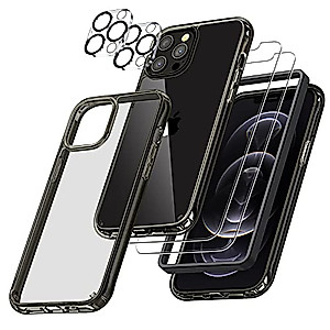 UniqueMe [5 in 1 Design for iPhone 12 Pro Max 6.7 inch Case, 2 Pack Screen Protector Tempered Glass + 2 Pack Camera Lens Protector, [Non-Yellowing] Shockproof Ultra Thin Protective Cover-Clear Black