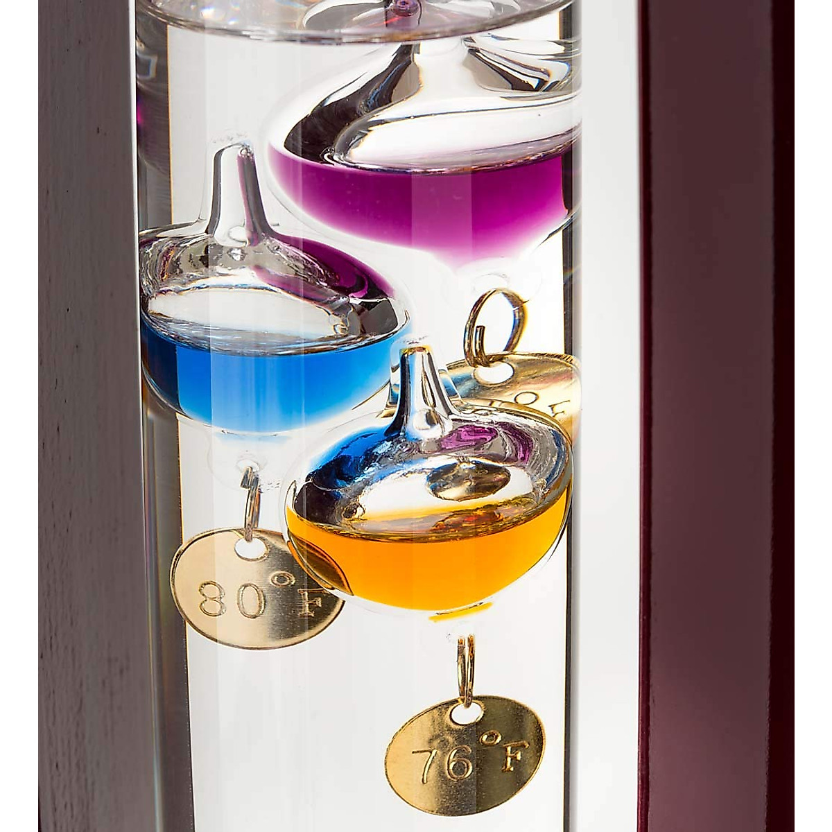 Galileo Glass Thermometer | 14.5-Inches Tall with Cherry Wood Frame | Law of Physics | Indoor Room Temperature for Home House Office Desk Counter Tabletop | Holiday Gift Present