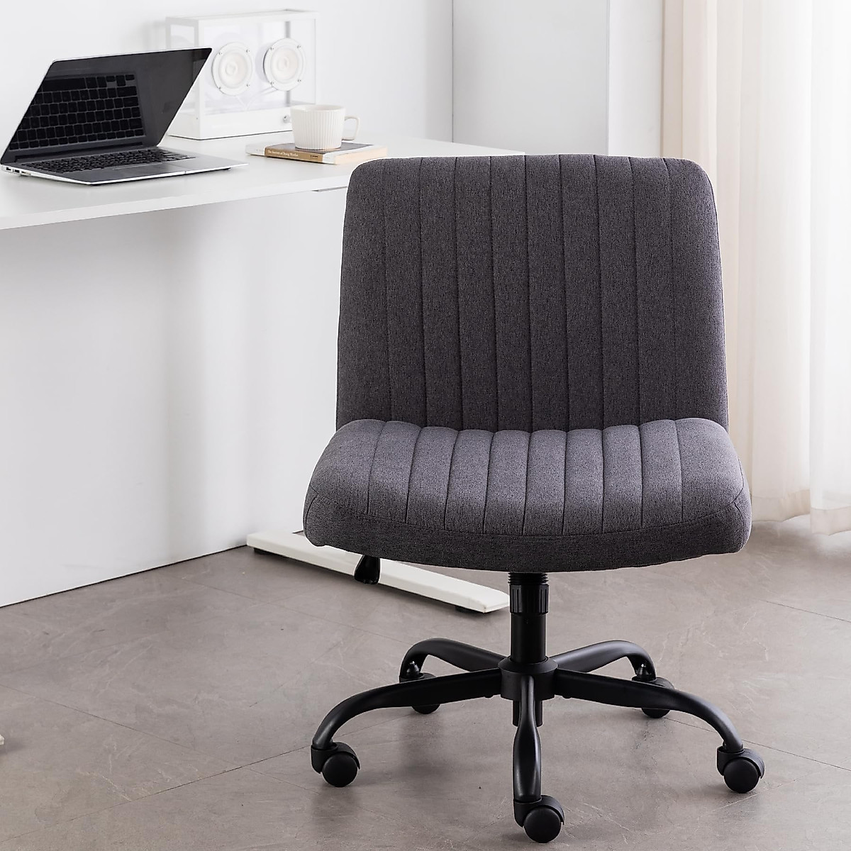 Armless Wide Office Chair No Wheels Fabric Padded Desk Chair Task Vanity Chair Swivel Home Office Desk Chair 120°Rocking Mid Back Ergonomic Computer Chair for Make Up,Small Space, Bed Room(Brown)