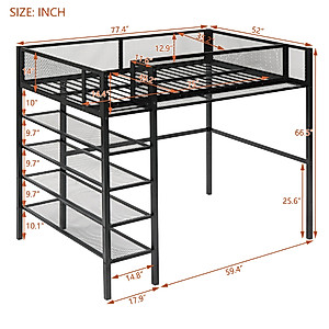 Bellemave Twin Size Metal Loft Bed with 4-Tier Shelves and Storage, Loft Bed with Bookshelf (Black)
