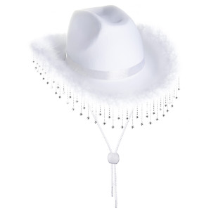 JUSTOTRY White Cowgirl Hat for Women with Rhinestone Fringe Feathers and Wide Brime Cowboy Hats for Girl Dress up Disco Party