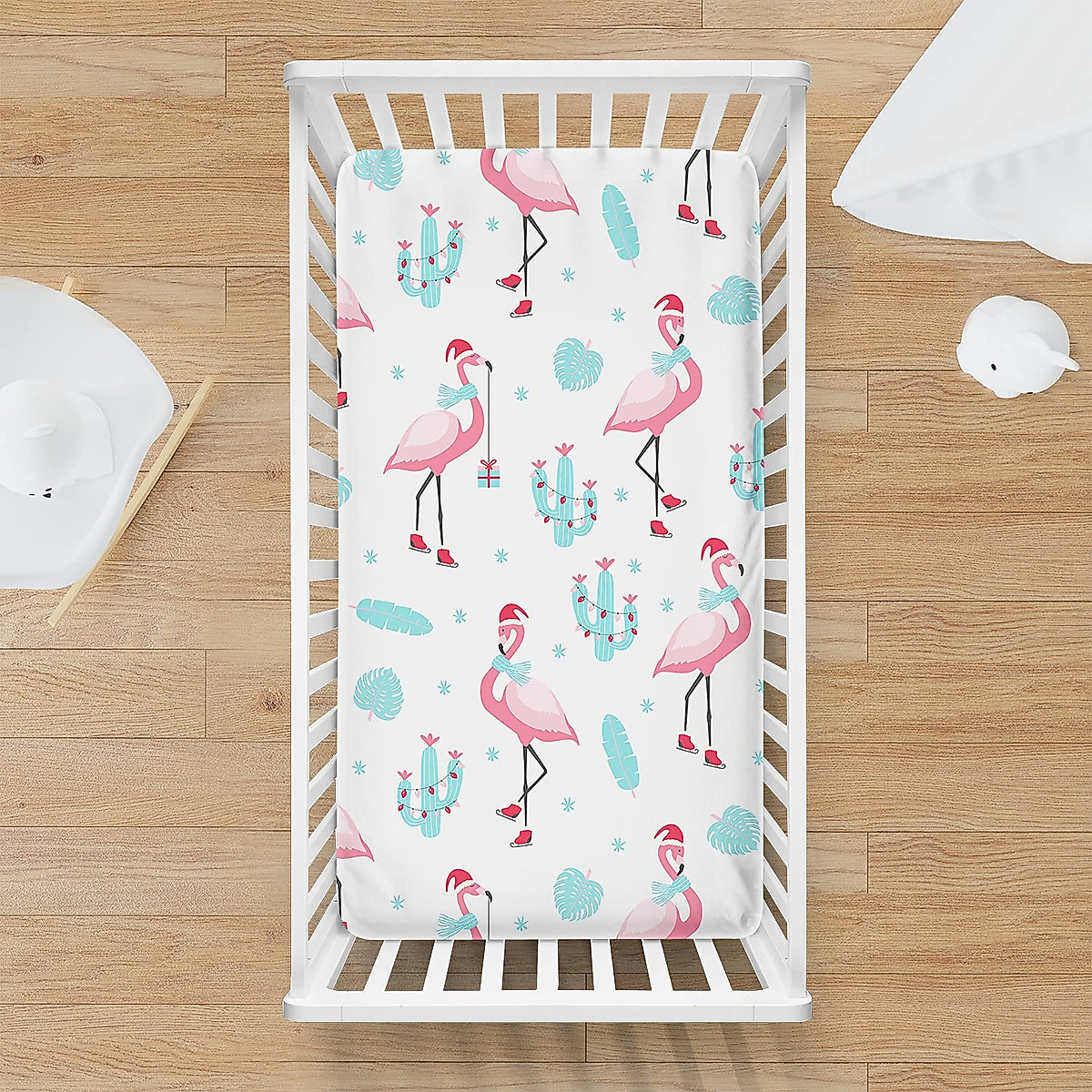 ARIGHTEX 2 Pack Flamingo Pattern Fitted Crib Sheets, Soft Jersey Knit, Breathable Baby Sheet, Pink White, Portable Mattress Topper for Girl, 28"x 52", Nursery Sheet Fits Standard Size