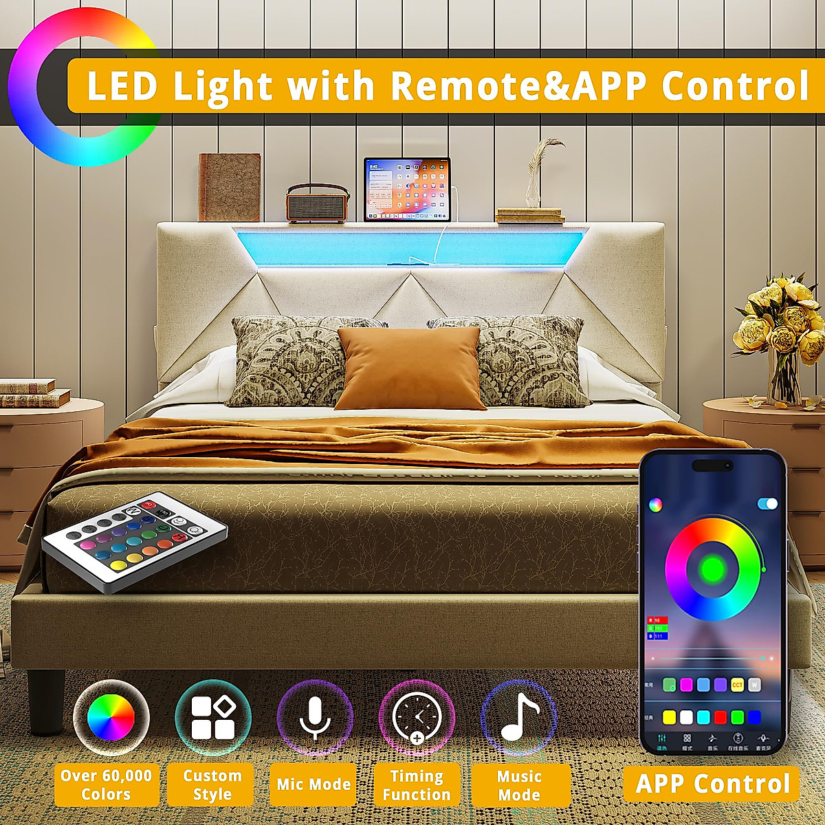 ANCTOR Twin Bed Frame with Storage Headboard and Charging Station, LED Lights Upholstered Platform Bed, Heavy Duty Steel Support Legs, Easy Assembly, Noise Free, Beige