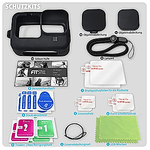 FitStill Silicone Rubber Case+2-Pack (6pcs) Tempered Glass Protector Compatible for Go Pro Hero11 / Hero10 / Hero9 Black,Soft Sleeve Cage Housing with Lens Cover Cap Lanyard Accessories Bundle Kit