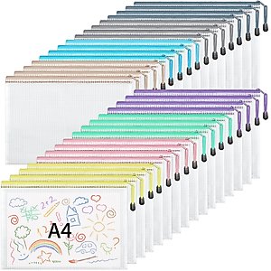 JARLINK 32pcs Mesh Zipper Pouches, A4/Letter Size Waterproof Zipper Bags, 8 Colors, Multipurpose Plastic Document Pouch for School Supplies, Office Supplies, Travel Storage, Puzzles Organize