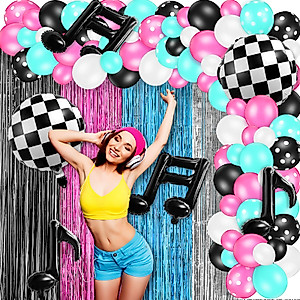 Jecery 122 Pcs 50's Music Theme Birthday Party Decorations Karaoke Rose Red Blue Black Tinsel Curtains Music Note Balloons Karaoke Music Party Supplies Photo Backdrop