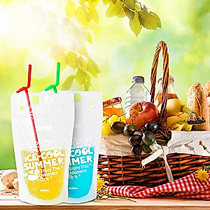 Teenitor 100 Drink Pouches Bags with 100 Disposable Plastic Straws, Smoothies Protein Shakes Juices Drink Bags Bags, Stand up Drink Container Non-Toxic16oz
