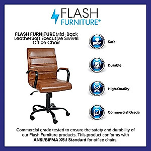 Flash Furniture Whitney Mid-Back Desk Chair - Brown LeatherSoft Executive Swivel Office Chair with Black Frame - Swivel Arm Chair