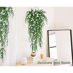 RECUTMS Artificial Hanging Plants Fake Hanging Plant Faux Eucalyptus Leaf Greenery Vine Outdoor UV Resistant Plastic Plants Home Garden Wedding Party Indoor Outdoor Decorations(White)