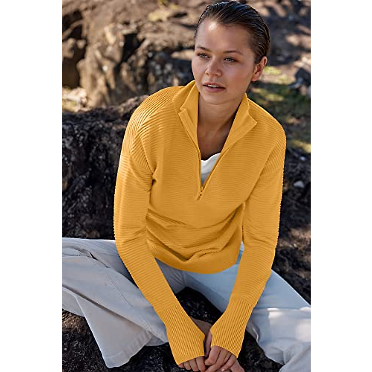 ANRABESS Women's 2025 Fall Long Sleeve Half Zip Casual Oversized Ribbed Knit Pullover Sweater Top Thumb Hole Trendy Outfits Yellow X-Large
