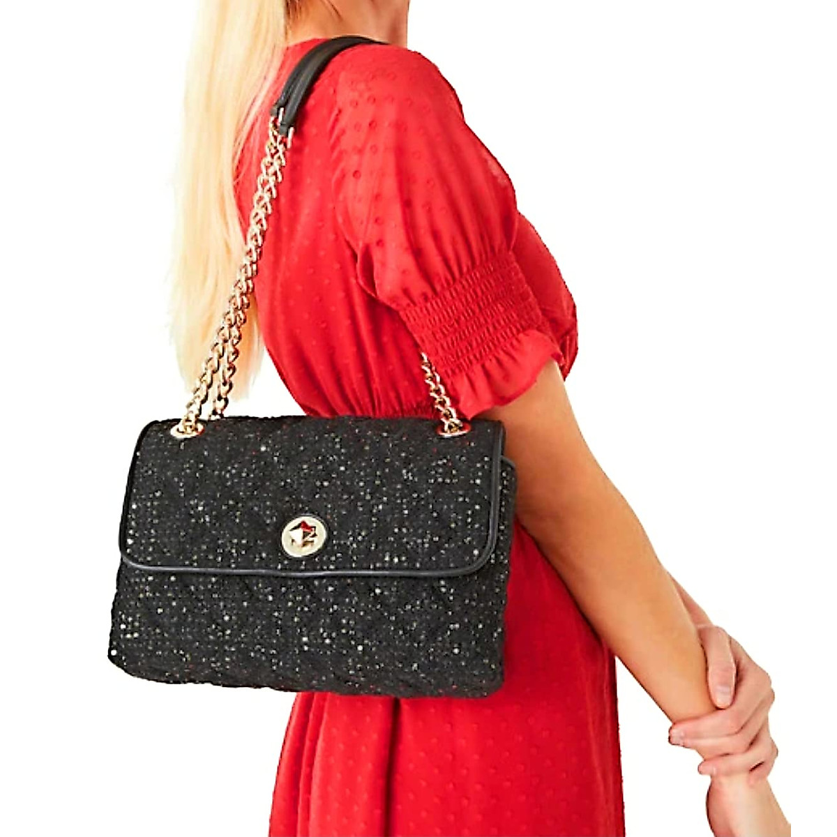 KATE SPADE NATALIA SEQUIN TWEED FABRIC MEDIUM FLAP SHOULDER BAG IN BLACK