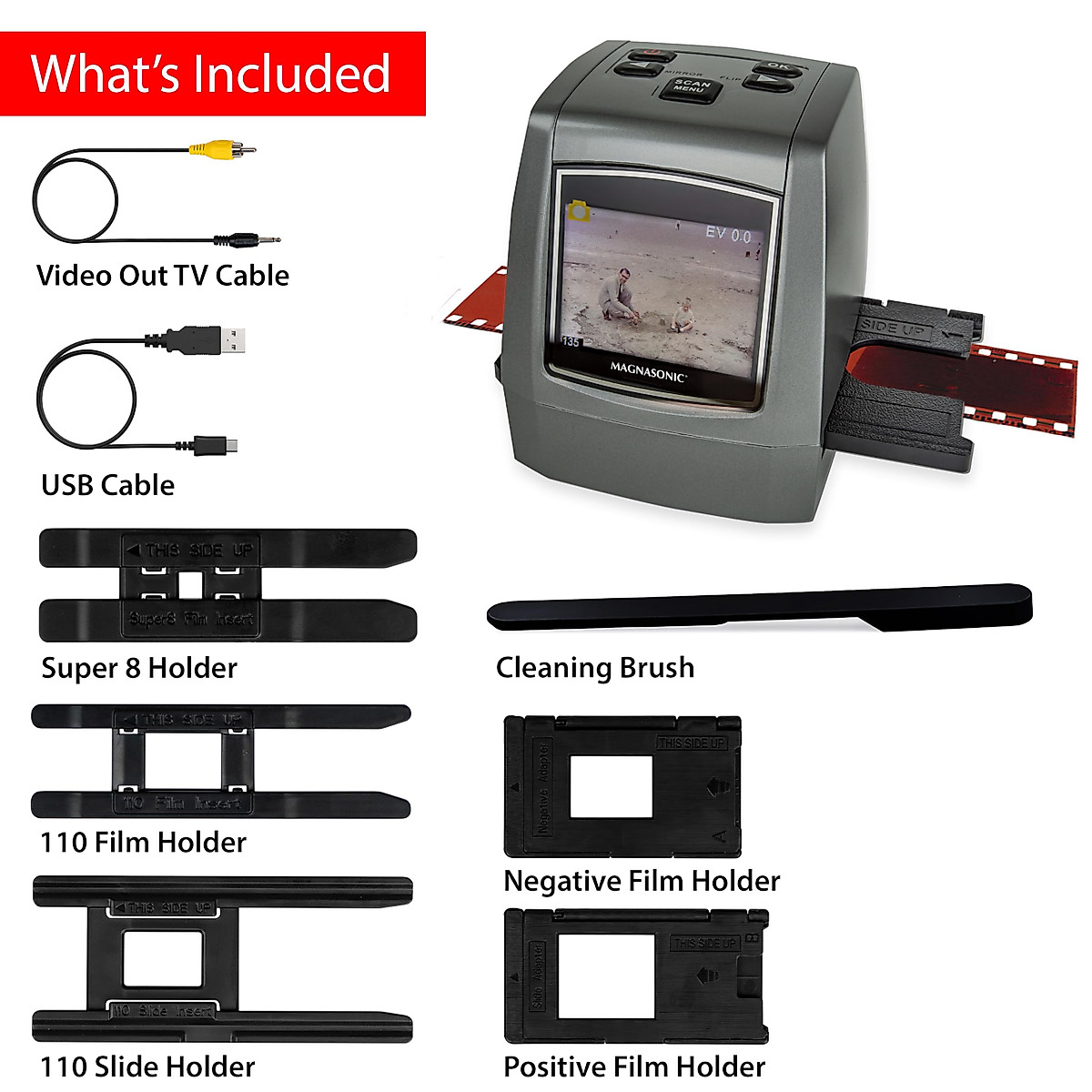 Magnasonic All-in-One High Resolution 24MP Film Scanner, Converts 35mm/126KPK/110/Super 8 Films, Slides, Negatives into Digital Photos, Vibrant 2.4" LCD Screen, Impressive 128MB Built-in Memory