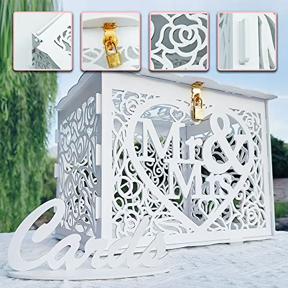 Jolik Wedding Money Box Holder with Sign, Large Rustic Wood Wooden DIY Envelop Gift Card Shadow Boxes with Lock Slot for Reception Anniversary Graduation Birthday Party Parties (Mr & Mrs, White)