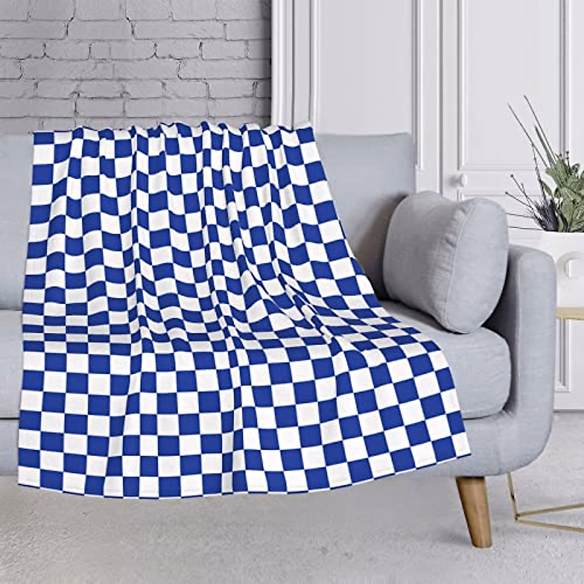 Throw Blanket Home Decor, Blue Checkered Blanket, Funny Thanksgiving Christmas Birthday Gifts, Soft Warm Lightweight Microfiber Plaid Flannel Blankets for Sofa Couch Bed Car Travel 60X50 Inch