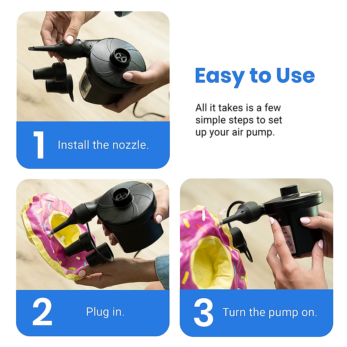 Etekcity Electric Air Pump Air Mattress Portable Pump for Inflatables Couch, Pool Floats, Blow Up Pool Raft Bed Boat Toy, Quick-Fill AC Inflator Deflator with 3 Nozzles, 110-120 Volt, Black