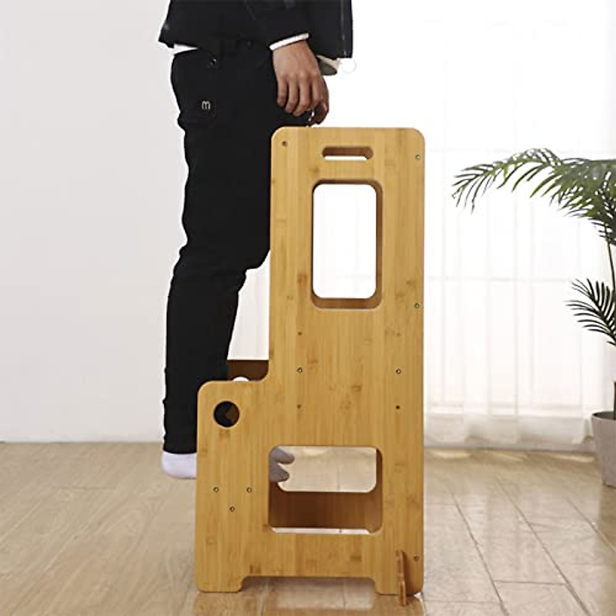 Abovehill Kids Step Stool Natural Toddler Kitchen Standing Study Stool 3 Height Adjustable Auxiliary Tower Toddler Stool for Kitchen Counter