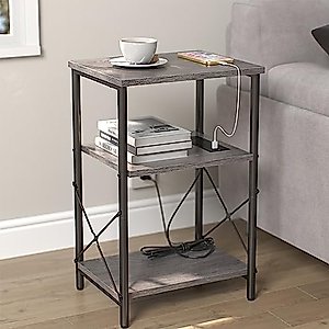 Yusong Small Side Table with Charging Station, Slim End Table for Narrow Space in Living Room,3 Tier Skinny Nightstand Bedside Table with USB Ports & Outlets for Bedroom, Grey