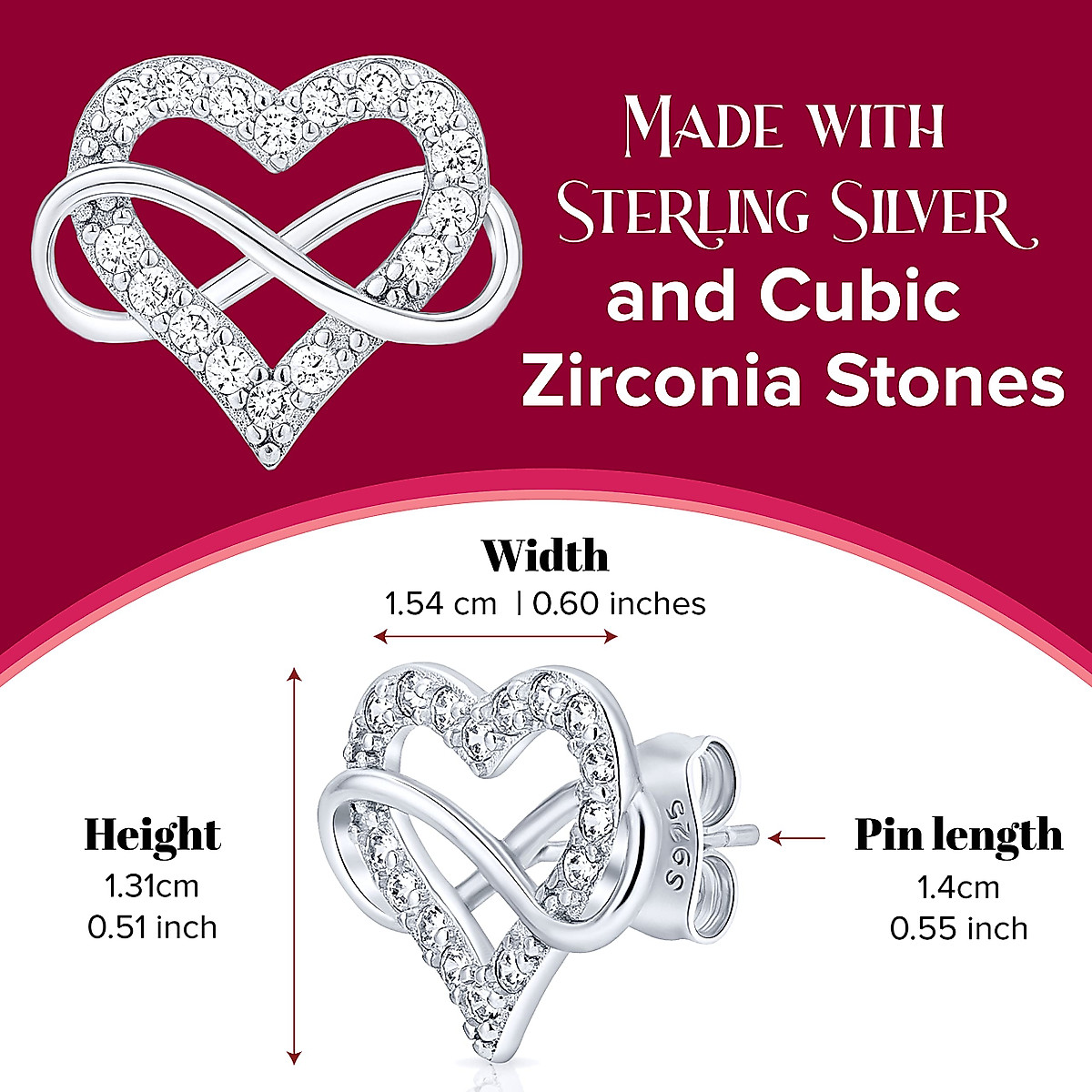 Sash & Soph Sterling Silver Infinity Heart Cubic Zirconia Earrings, 925 Metal Type, Women's Stud Earrings