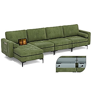 Giantex Sectional Sofa Couch with 2 USB Ports, 3-Hole Socket, Hidden Storage Box, L-Shaped Modular Sofa w/Reversible Chaise Lounge, 2 Side Bolsters for Living Room Bedroom Office