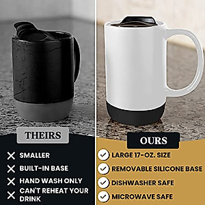 Extra Large Ceramic Coffee Mug w/Lid and Removable Silicone Base - 17 ounce Slideproof Coffee Cups w/Handle and Sip and Cover Lid - Set of 2 Dishwasher Safe Ceramic Travel Mugs - Reusable White Cup