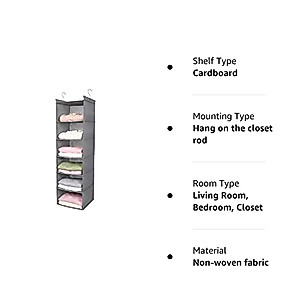 MAX Houser 6 Tier Shelf Hanging Closet Organizer, Closet Hanging Shelf with 2 Sturdy Hooks for Storage, Foldable (Light Grey)