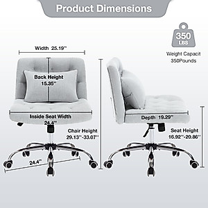Armless Fabric Office Desk Chair with Wheels, Cross Legged Wide Seat Chair, Modern Home Office Chair with Lumbar Pillow, Comfortable Computer Task Chair for Small Space, Vanity Chair for Women, Girls