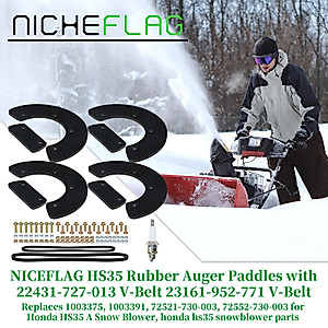NICHEFLAG HS35 Paddles with 22431-727-013 Belt 23161-952-771 Belt Replace Honda HS35 Paddles, Honda HS35 Snowblower Paddles, 1003375, 1003391, 72521-730-003 72552-730-003 for Honda HS35A Snow Throwers