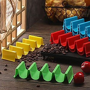 Colorful Taco Holder Stand Plastic Taco Plates Hold up to 4 Tacos Each Hard Sturdy Taco Shell Holder Wave Shape Taco Tray Dishwasher Microwave Safe Taco Rack Holders for Kitchen Serving (16 Pcs)