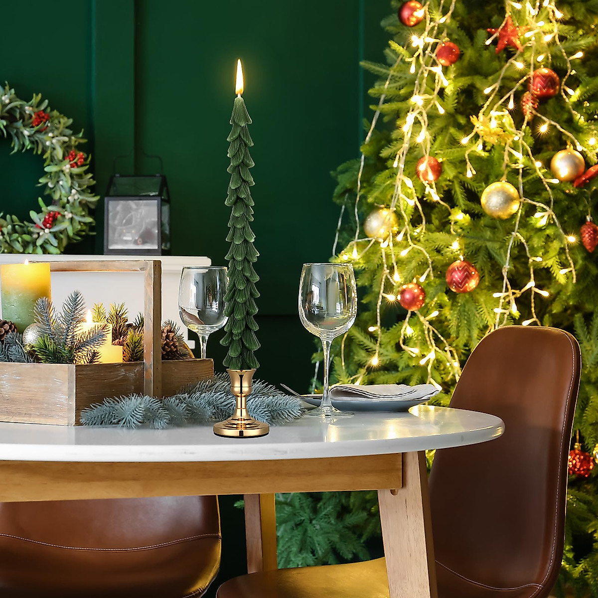 Conelist Christmas Tree Candles with Candle Holder Christmas Tree Shaped Taper Candles Christmas Decorative Candles Holiday Gifts for Women with Brass Candlestick Holder Centerpieces(6 Set,Classic)