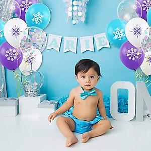 50Pcs Snowflake Balloon with Purple Blue White Latex Balloons, Frozen Snowflake Birthday Party Supplies 12 Inch Winter Theme Balloon for Frozen Baby Shower Winter Wonderland New Year Party Decorations