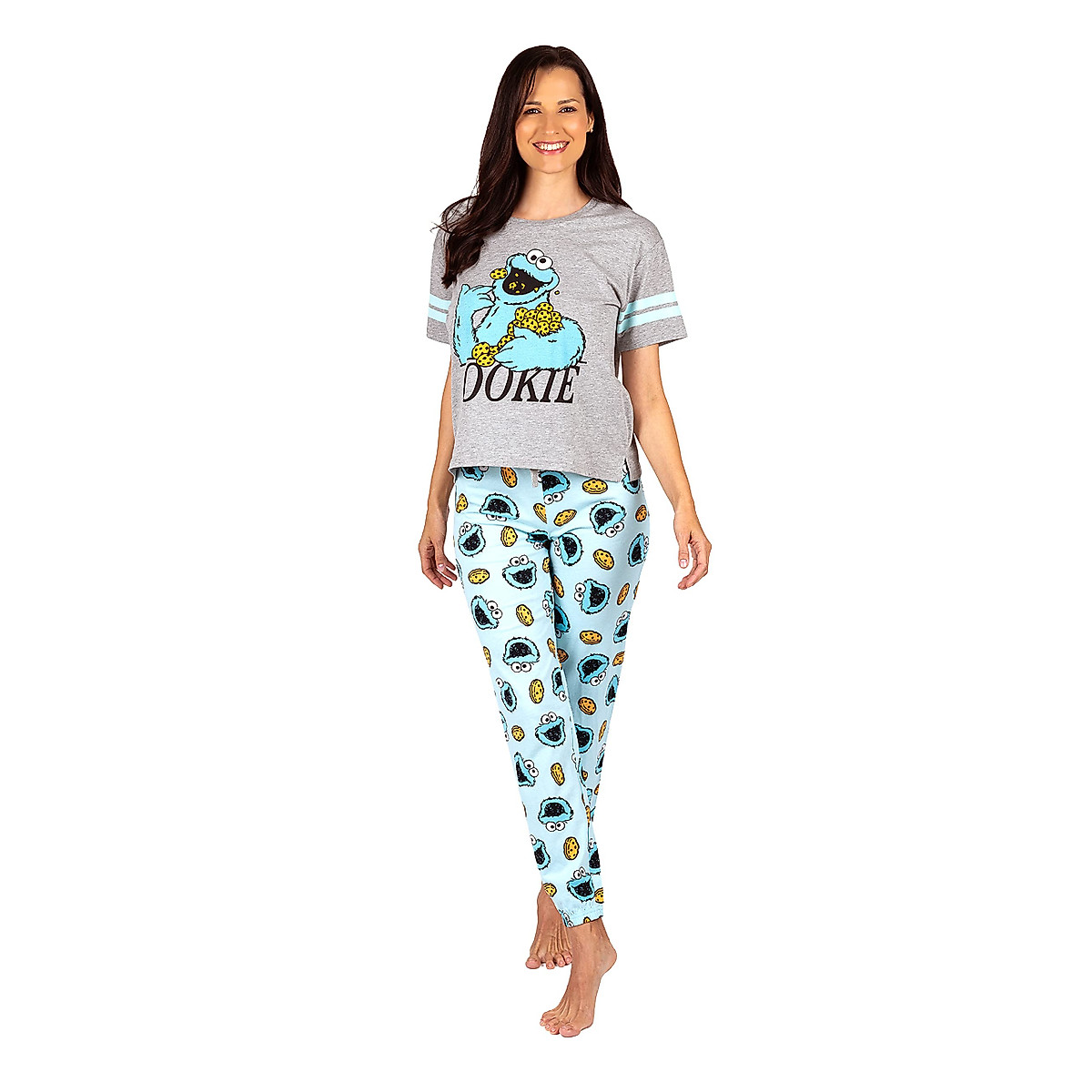 Prestigez Cookie Monster Women's Pajama 2 piece Set, includes Tee and Sleep Pants, Gray/Blue, Size Medium