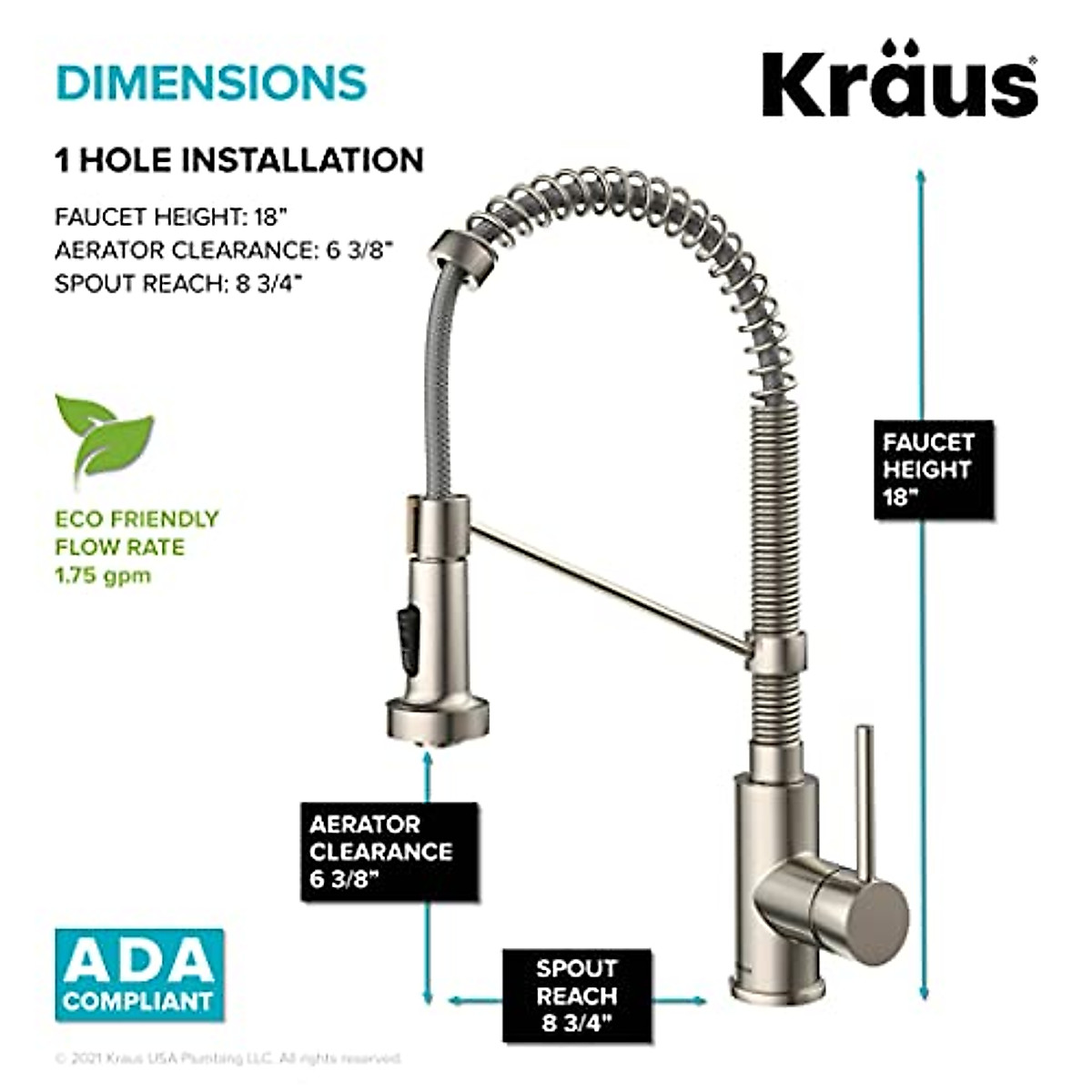 Kraus KCL-1700 Dex 16 Gauge Stainless Steel Single Bowl Sink with Spot Free 18-Inch Commercial Kitchen Faucet with Dual Function Pull-Down Sprayhead in All-Brite