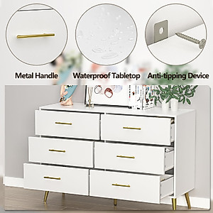 FURNIWAY 6-Drawer Dresser for Bedroom, Modern White Dresser with Gold Handles