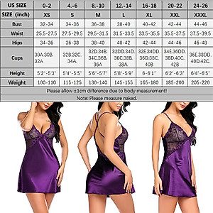 Avidlove Women Lingerie V Neck Nightwear Sexy Satin Sleepwear Lace Chemise Mini Teddy S, Purple