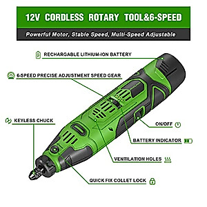PHALANX 12V Cordless Rotary Tool Kit with Keyless Chuck, 6-Speeds 5000-32000RPM, 119 Accessories with Flex Shaft, Idea for Cutting, Grinding, Wood Carving- Include 2.0AH Battery, Charger