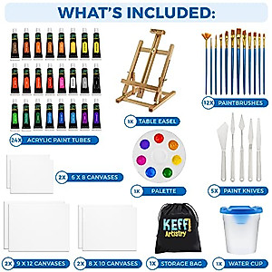 KEFF Acrylic Paint Set for Adults - Art Painting Supplies Kit with Tabletop Easel, Brushes, Canvas, Acrylic, Palette, Paint Knives & Cup for Professional & Beginners