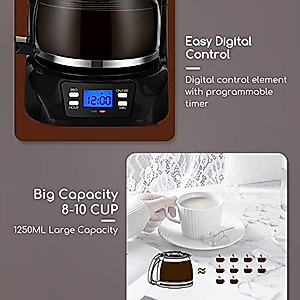Aigostar Programmable Coffee Maker, 8 Cup Coffee Maker with Glass Carafe, Auto Pause Electric Coffee Maker, Auto Keep Warm Drip Coffee Maker with Permanent Filter, Black