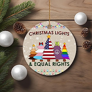 2023 Christmas Lights and Equal Rights Ceramic Ornament Christmas Tree, Minimalist Feminist Gift LGTBQ Patriotic USA Gay Pride, Womens Rights Holiday Decor, Pro Choice, Social Justice, Peace