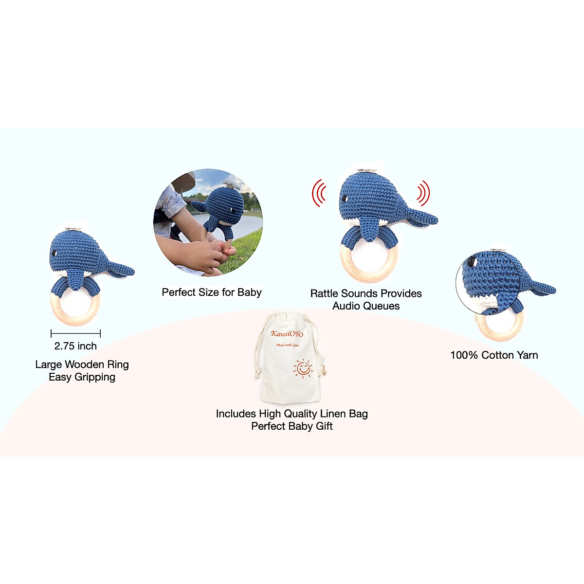 KawaiOnO Handmade Cotton Crochet Amigurumi Rattle - Educational Baby Stuff for New Moms, Stuffed Animals for Infants, Baby Boy Stuff - Blue Whale with Wooden Handle - Perfect for Newborns and Toddlers