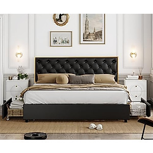 HIFIT Queen Bed Frame with 4 Storage Drawers, Faux Leather Queen Platform Bed Frame with Button Tufted Headboard, Heavy Duty Mattress Foundation with Wooden Slats, No Box Spring Needed, Golden & Black