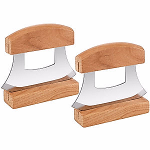 Hanaive 2 Pack 4 x 5 inch Mezzaluna Ulu Knife Salad Veggies Rocker Chopper Slicer Cutter Mezzaluna Knife with Wooden Display Stand for Kitchen Cutting Chopping Knives Chef Cleaver