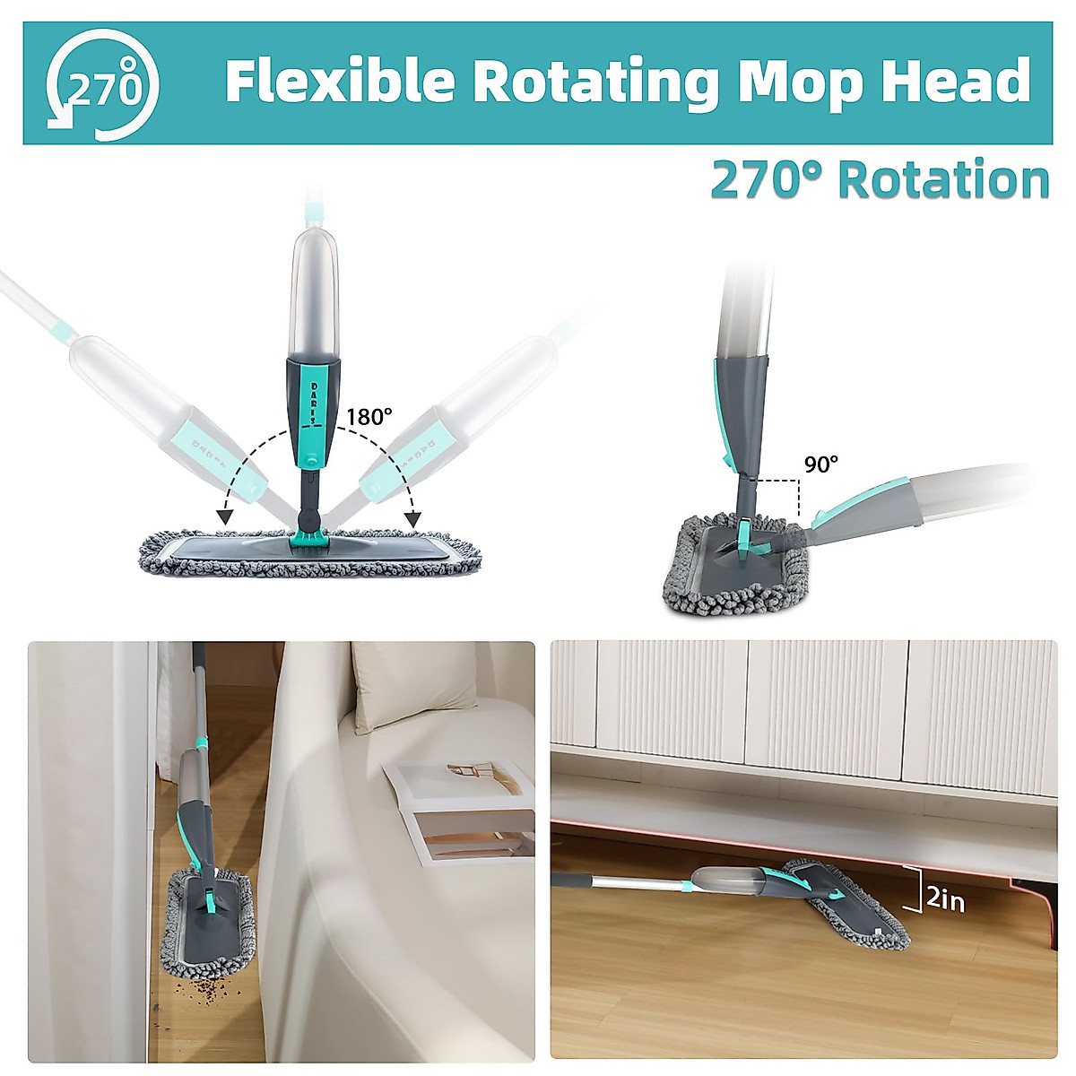 Microfiber Spray Mop for Floor Cleaning Wet Dry, Home Kitchen Hardwood Floor 360° Spin Flat Dust Mops with 12 FL.OZ. Refillable Bottle Include 4 Microfiber Reusable Pads 1 Scrubber and 1 Mop Holder