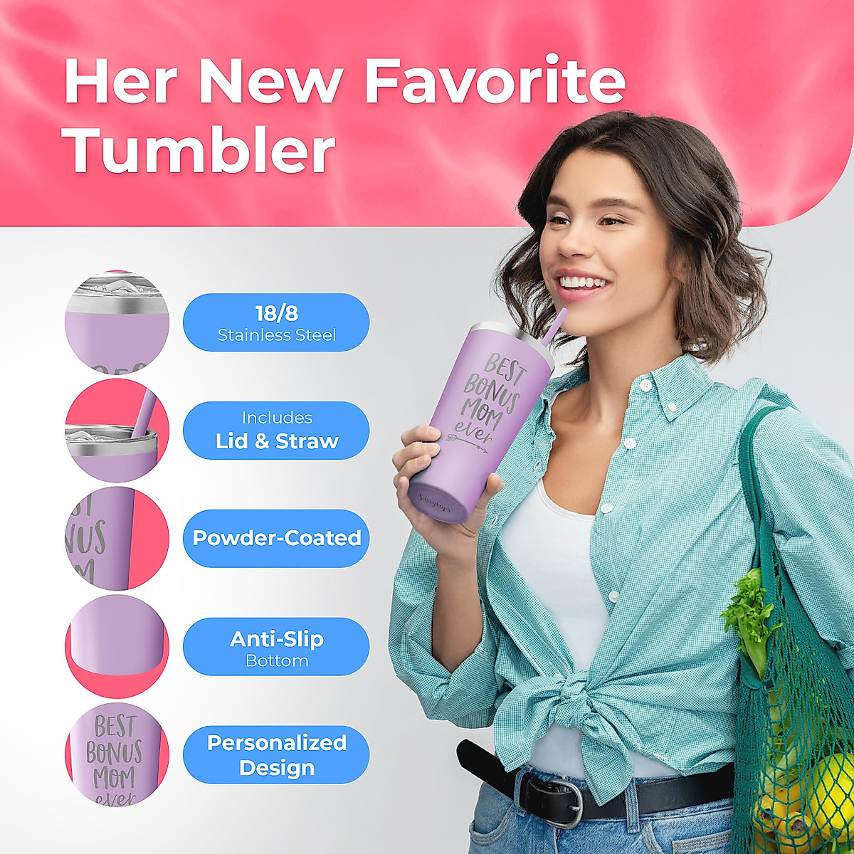 Best Bonus Mom Stainless Steel Coffee Mug with Insulated Travel Tumbler and Straw - Birthday Gift for Bonus Mom, Best Mom Ever, Friend, and Work Mom - Stepmom Travel Coffee Cup, Coffee Tumbler