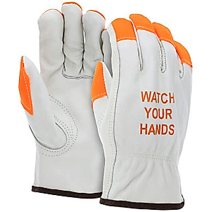 ATERET 12 Pairs X-Large Hi Vis Heavy Duty Durable Cowhigh Leather Work Gloves I Orange Tip - Watch Your Hand I Driver Gloves for Truck Driving, Warehouse, Gardening, Farming (XLarge, 12)