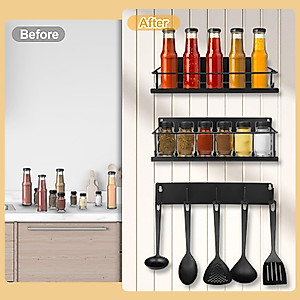 Bbbyddd Magnetic Spice Rack for Refrigerator, 3 Pack Magnetic Shelf, Moveable Magnetic Fridge Organizer with 9-Hook Rack for Kitchen Organization and Storage, Black(3 Pack)