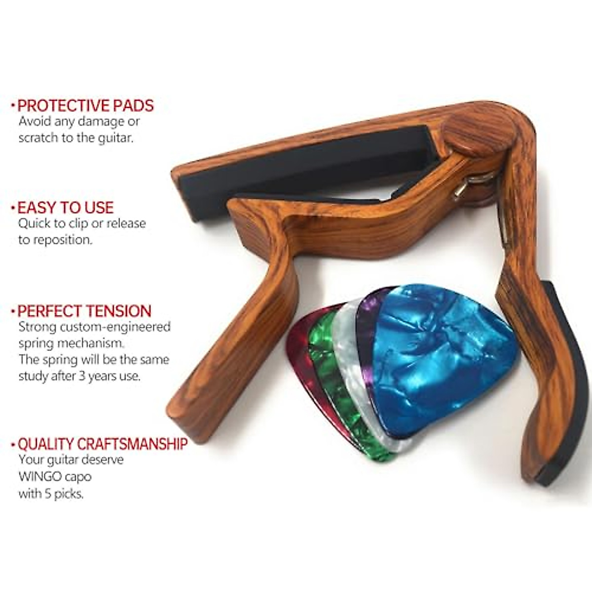 WINGO Guitar Capo for Acoustic and Electric Guitars - Rosewood Color with 5 Picks