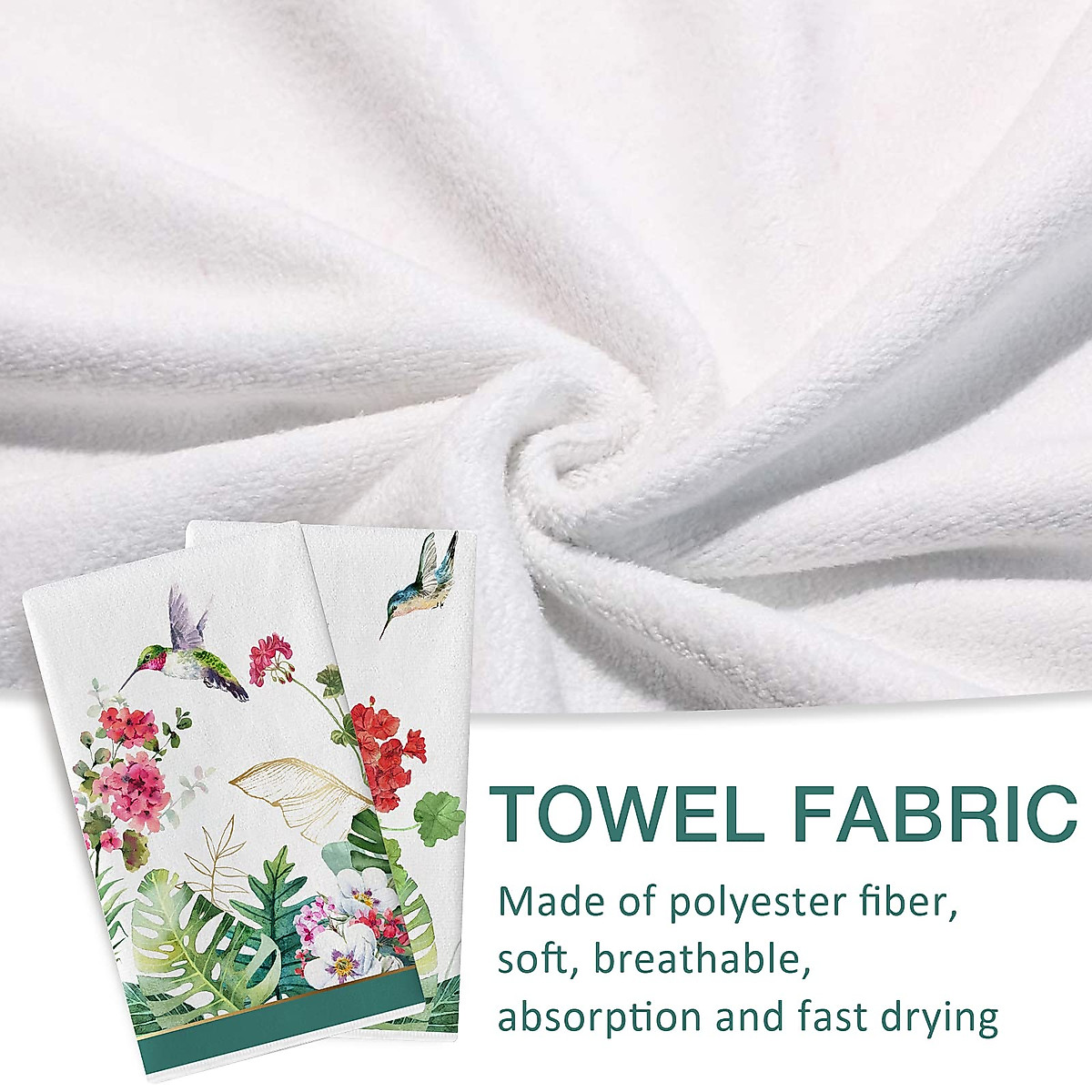 Seliem Summer Hummingbird Geranium Flower Bird Kitchen Dish Towel 2 Pack, Tropical Palm Leaf Monstera Plant Floral Hand Drying Baking Cloth, Spring Botanical Greenery Green Decor Home Decoration 18x26