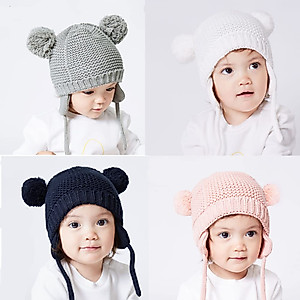 Baby Beanie Earflaps Hat - Infant Toddler Girls Boys Soft Warm Knit Hat Kids Winter Hat with Fleece Lining(Grey&Navy,S)