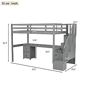 Harper & Bright Designs Twin Size Loft Bed with Storage Stairs and Built-in Desk, Wood Twin Loft Bed with Double Storage Drawers, Space Saving Junior Loft Bed for Kids Girls Boys, Grey